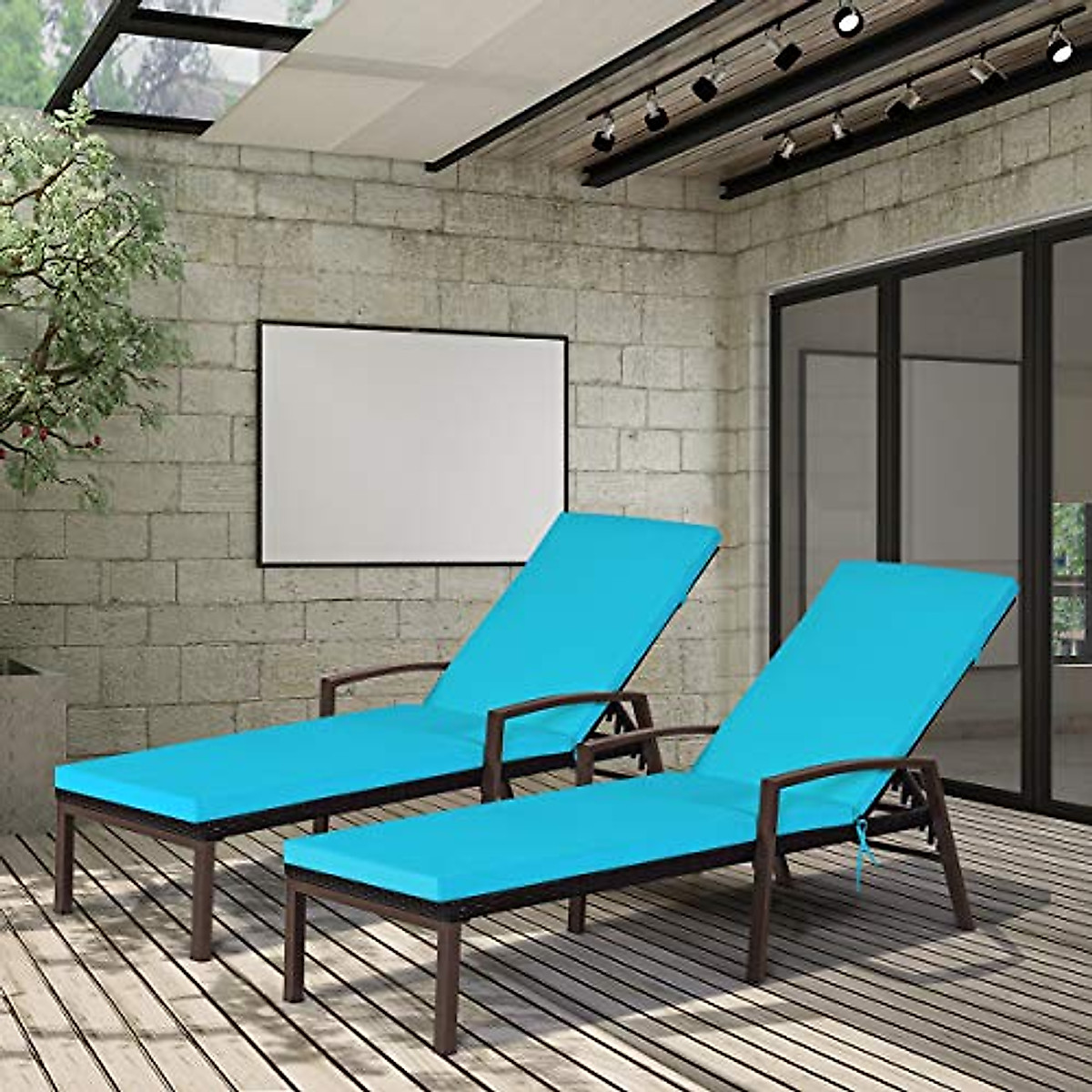Tangkula 2 PCS Patio Rattan Chaise Lounge Chair, Outdoor Reclining Chaise with Cushion and Armrest, Wicker Sun Lounger with Adjustable Backrest for Garden, Balcony, Poolside (Turquoise)