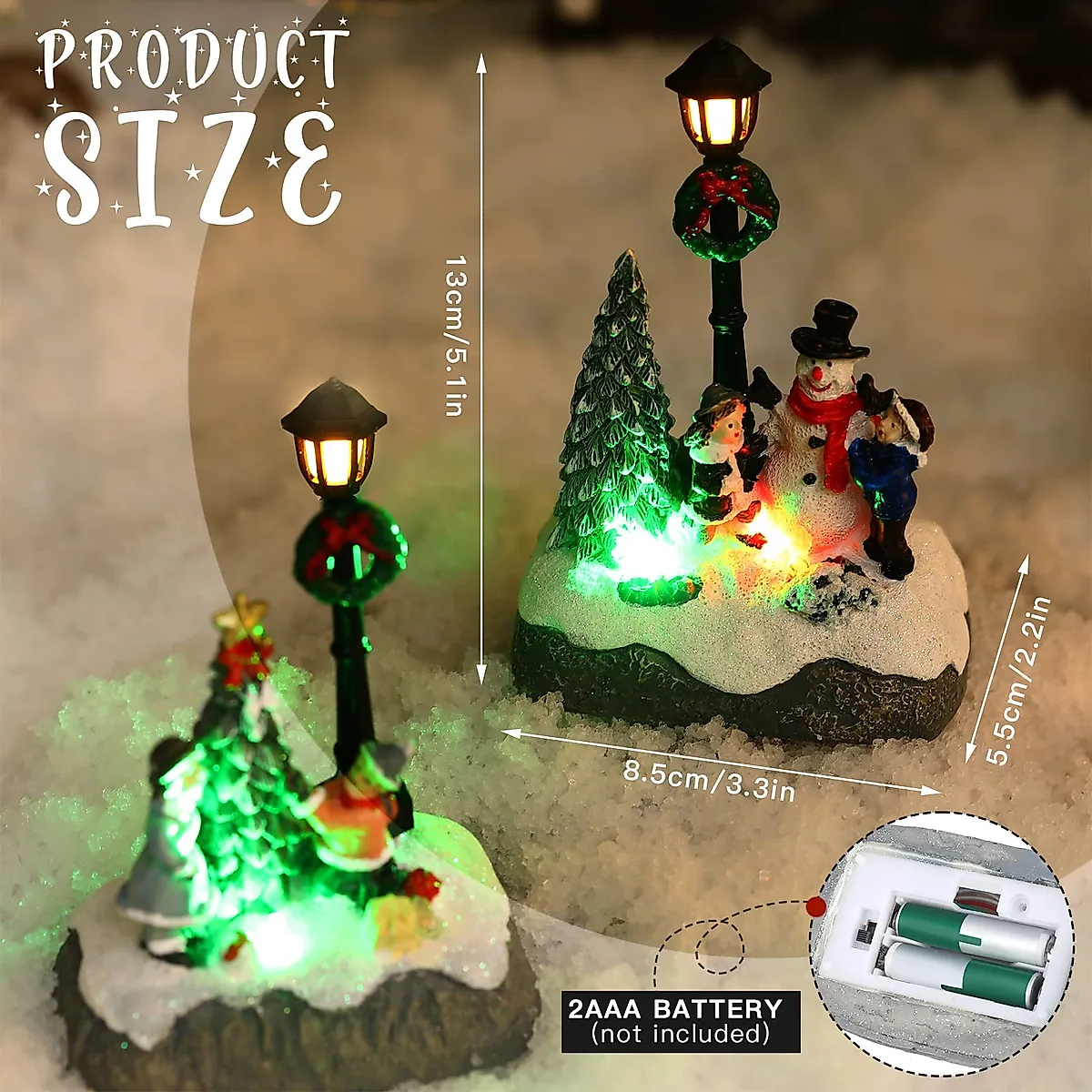 Karenhi Christmas Village Sets, 2 Pcs Snowman Tree Santa Christmas Village Scene with Figurines LED Light Xmas Accessories Tabletop Decorative Xmas Ornaments for Table Decor(Rustic Style)