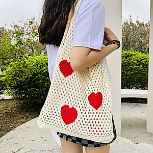 Arcimatto Crochet Tote Bag, Women Summer Aesthetic Mesh Beach Bags, Girls Hobo Bags Y2k Purse Fairy Grunge Accessories (Beige 3 Hearts)