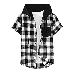 Verdusa Men's Button Up Shirts Short Sleeve Drawstring Hoodie Top Black Medium