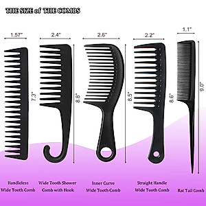 5 pcs Hair Comb Set Wide Tooth Comb for Detangling Fine Tooth Rat Tail Comb for Styling Shower Comb with Hook Women Men (Black)