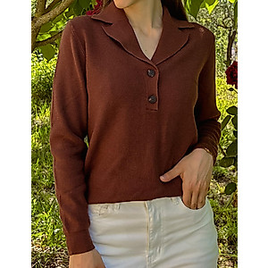 LOMON Womens Sweaters Fall 2024 V-Neck Collared Tops Winter Long Sleeve Buttons Knit Trendy Pullover Business Dressy Casual Jumper (Coffee,Medium)
