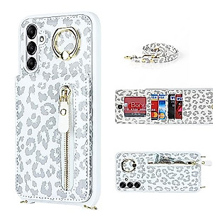 Jaorty Samsung Galaxy A14 5G Phone Case for Women with Card Holder,Crossbody Phone Case for Samsung Galaxy A14 with Strap Lanyard,Credit Card Slots Kickstand Case with Ring Holder,White Leopard