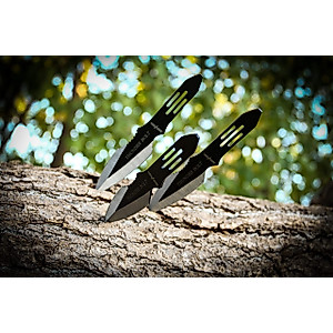 Set of 3 Black/Satin Finish Throwing Knives with Thunder Bolt Etching, Black Handles, Nylon Sheath - BladesUSA