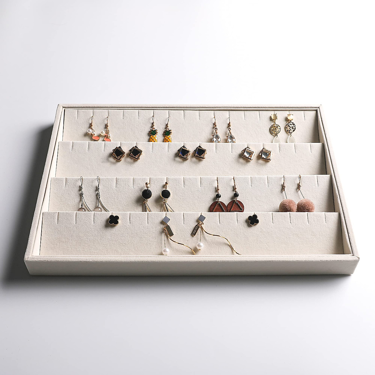 Frebeauty Stackable Velvet Jewelry Organizer Trays for Drawers Inserts Jewelry Storage Tray Display Case Earrings Bracelets Necklace Rings Accessories Trays for Women Girls(Set of 4)（Beige)