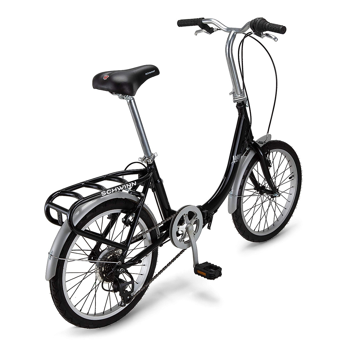 Schwinn Loop Adult Folding Bike for Men and Women, 20-inch Wheels, 7-Speed Drivetrain, Rear Cargo Rack, Carrying Bag, Black