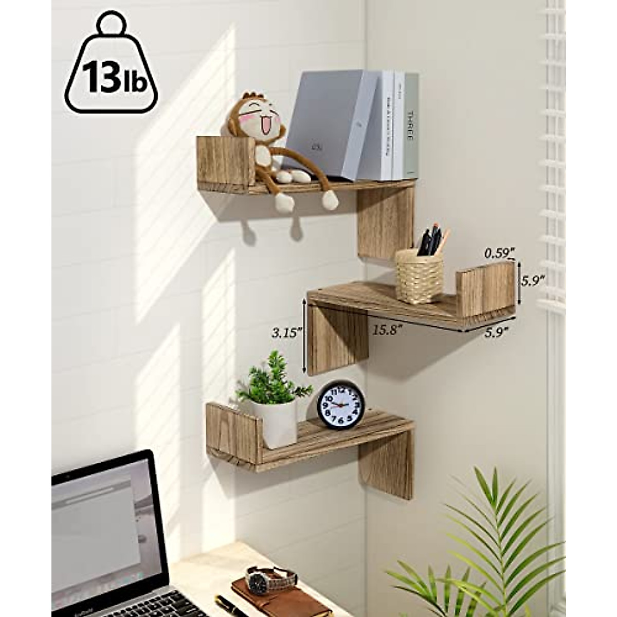 Maxpeuvon Corner Floating Shelves, Wooden Wall Mounted Rustic Farmhouse Organizer Display Pictures Plants Storage Shelf Home Decor for Office, Living Room, Set of 3, Brown