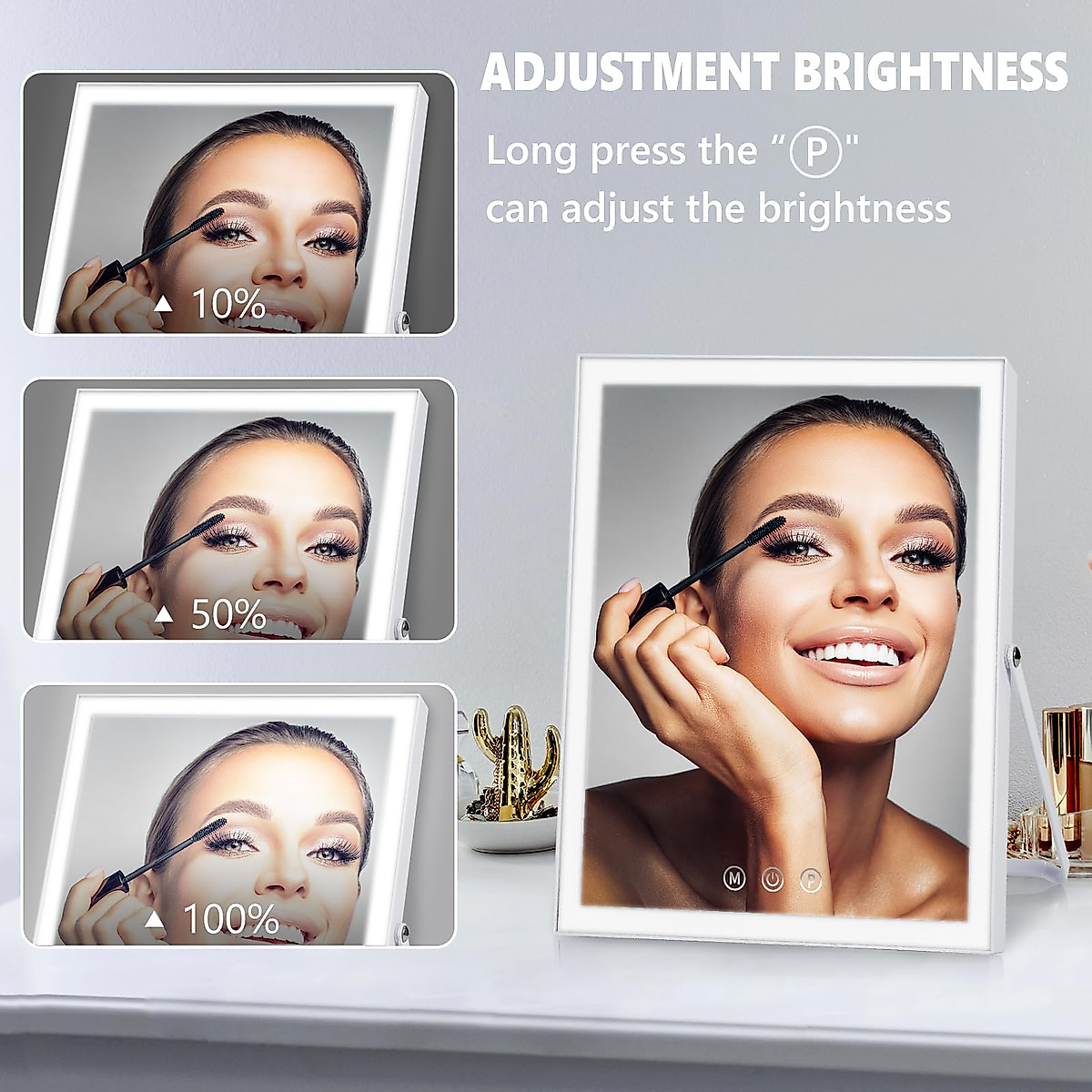 Vanity Mirror with Lights,10"x12" Lighted Makeup Mirror, 3 Colors Dimmable, 360 Degree Rotation Makeup Mirror with Lights, Dual Power Supply, Portable Led Makeup Mirror, Smart Touch Control (White)