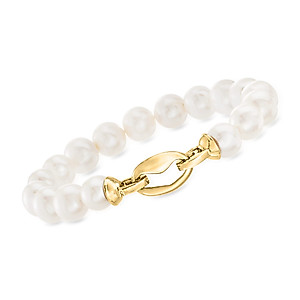 Ross-Simons 9-10mm Cultured Pearl Link Bracelet in 18kt Gold Over Sterling. 7 inches