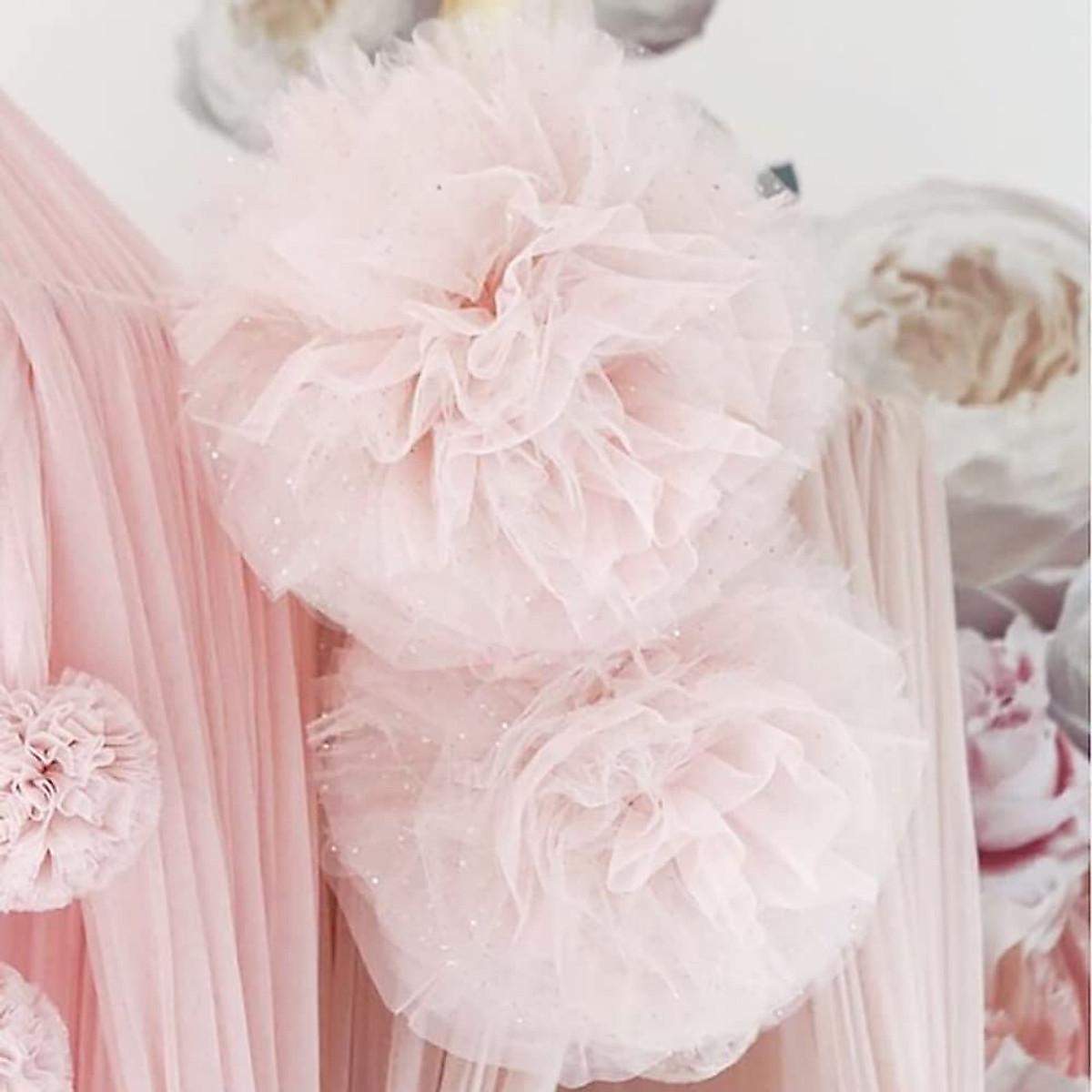 ADESIGNSTORE Baby Girl Pink Princess Canopy with tulle pom poms set of two Fluffy bedroom decoration Baby House play room nook decor