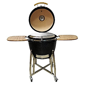 24 in. Lifesmart Kamado Ceramic Charcoal Grill in Black with Free Cover, Electric Starter and Pizza Stone, Double tier cooking grid, 641 sq. in. of cooking surface