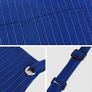 ROTANET Stretch Stripe Apron for Men Women Adjustable Bib Aprons with 2 Pockets for Kitchen Cooking Water & Oil Resistant Royal Blue
