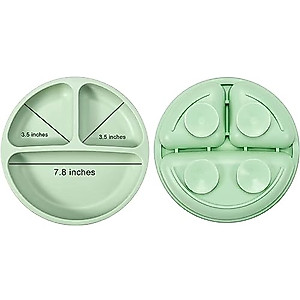 PandaEar Silicone Baby Feeding Set| 2 Pack Silicone Divided Suction Plate with 2 Pack Spoons | Baby Led Weaning Supplies Self Feeding Eating Utensils (Green/Grey)