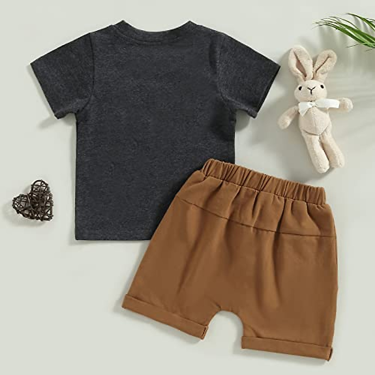 Adobabirl Easter Baby Boy Outfit Mr Steal Your Eggs Bunny Tshirt Solid Shorts Set Toddler Boy Easter Outfit Summer Clothes (D Easter Bunny Outfit Grey,3-4T)
