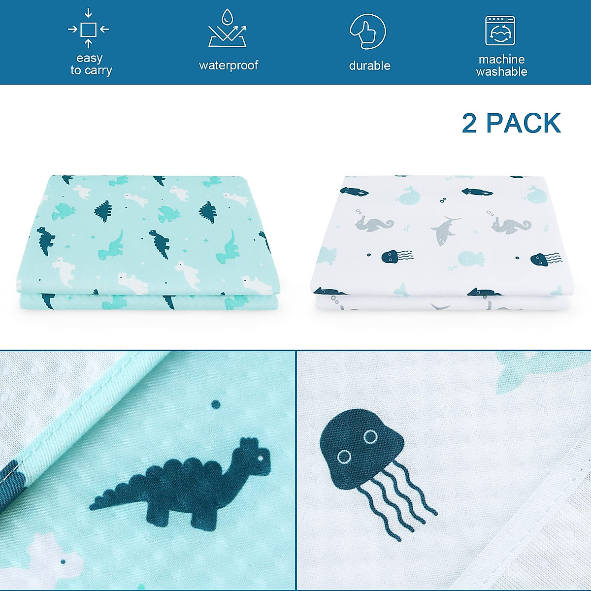 SPRINGSPIRIT Splat Mat for Under High Chair 2 Pack, High Chair Mat for Floor, Waterproof Mat, Mealtime, Playtime, Anti-Slip and Washable High Chair Mat, 42" x 46", Dinosaurs & Ocean