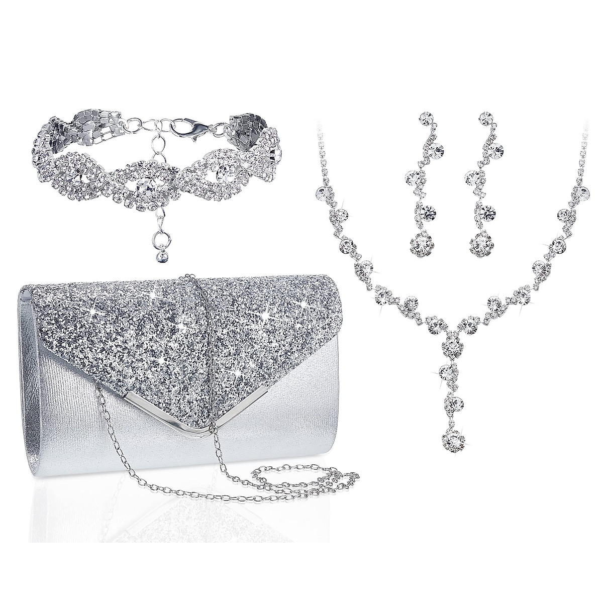 Henoyso 5 Pcs Purse Rhinestone Jewelry Set Rhinestone Clutch Purse Bride Prom Jewelry Necklace Earrings Bracelets for Women(Silver)