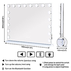 Bobening Vanity Mirror with Bluetooth and 18 LED Lights Hollywood Makeup Mirror with 3 Light Modes 31.5"X22.8" Tabletop/Hanging Bluetooth Vanity Mirror with Touch Screen & USB Charging Port