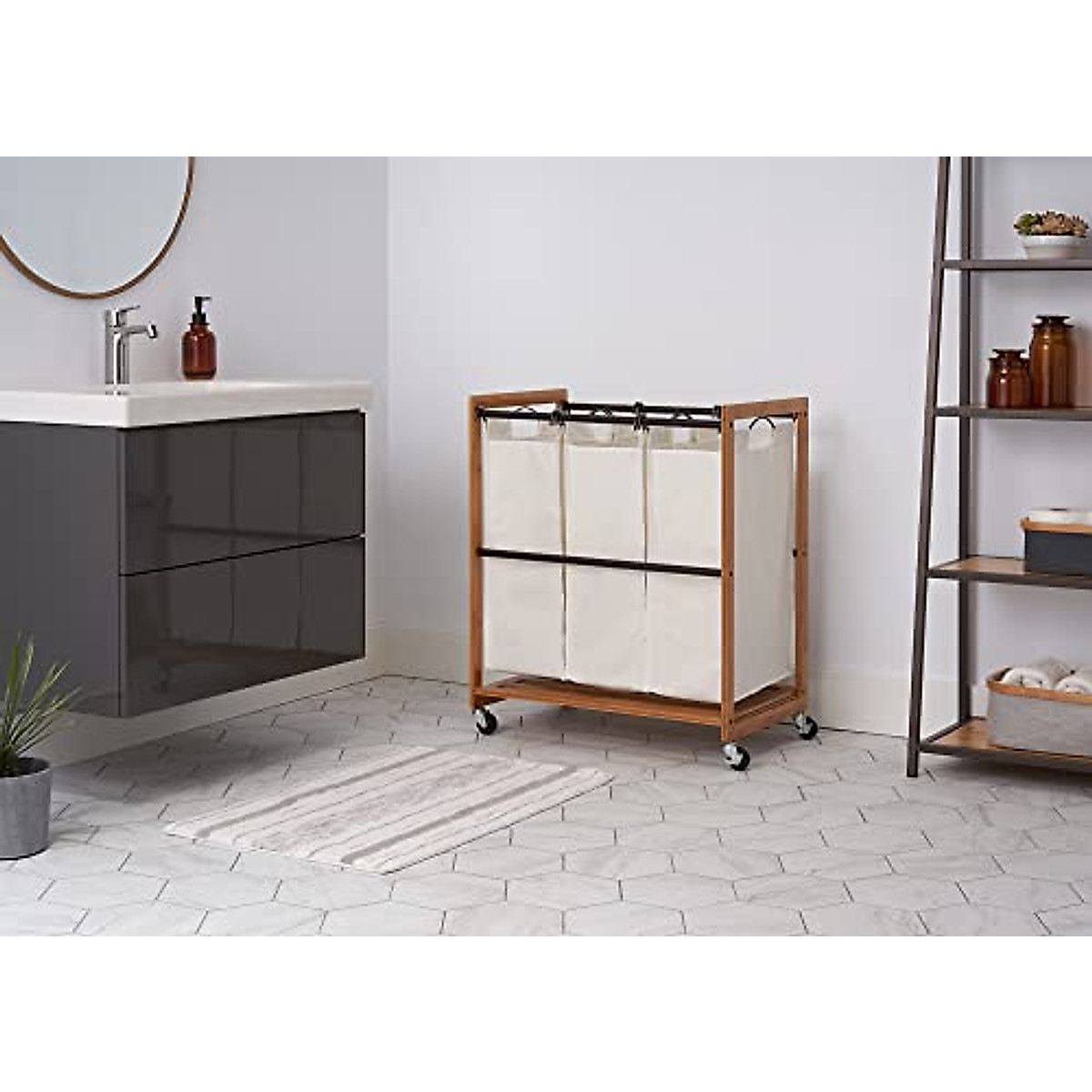 TRINITY 3-Bag Bamboo Laundry Cart, Laundry-Room Organization and Dirty Clothes Hamper with Wheels for Bedroom, Closet, Dorm Room and More, Bronze Poles