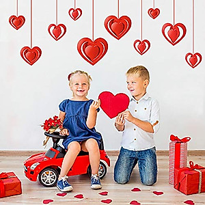 PTFNY 15 Pieces Valentine's Day 3D Heart Hanging Decorations Red Hearts Hanging Ornaments with Red Ribbons Party Supplies for Indoor Outdoor Bridal Shower Anniversary Wedding Party Decorations