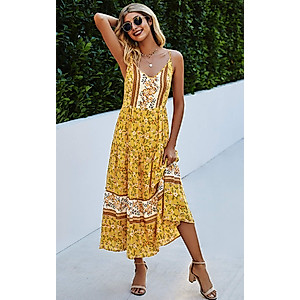 Angashion Women's Dresses Floral Adjustable Spaghetti Strap V Neck Boho Long Maxi Dress Summer Beach Flowy Ethnic Sundress 2141 Yellow Medium