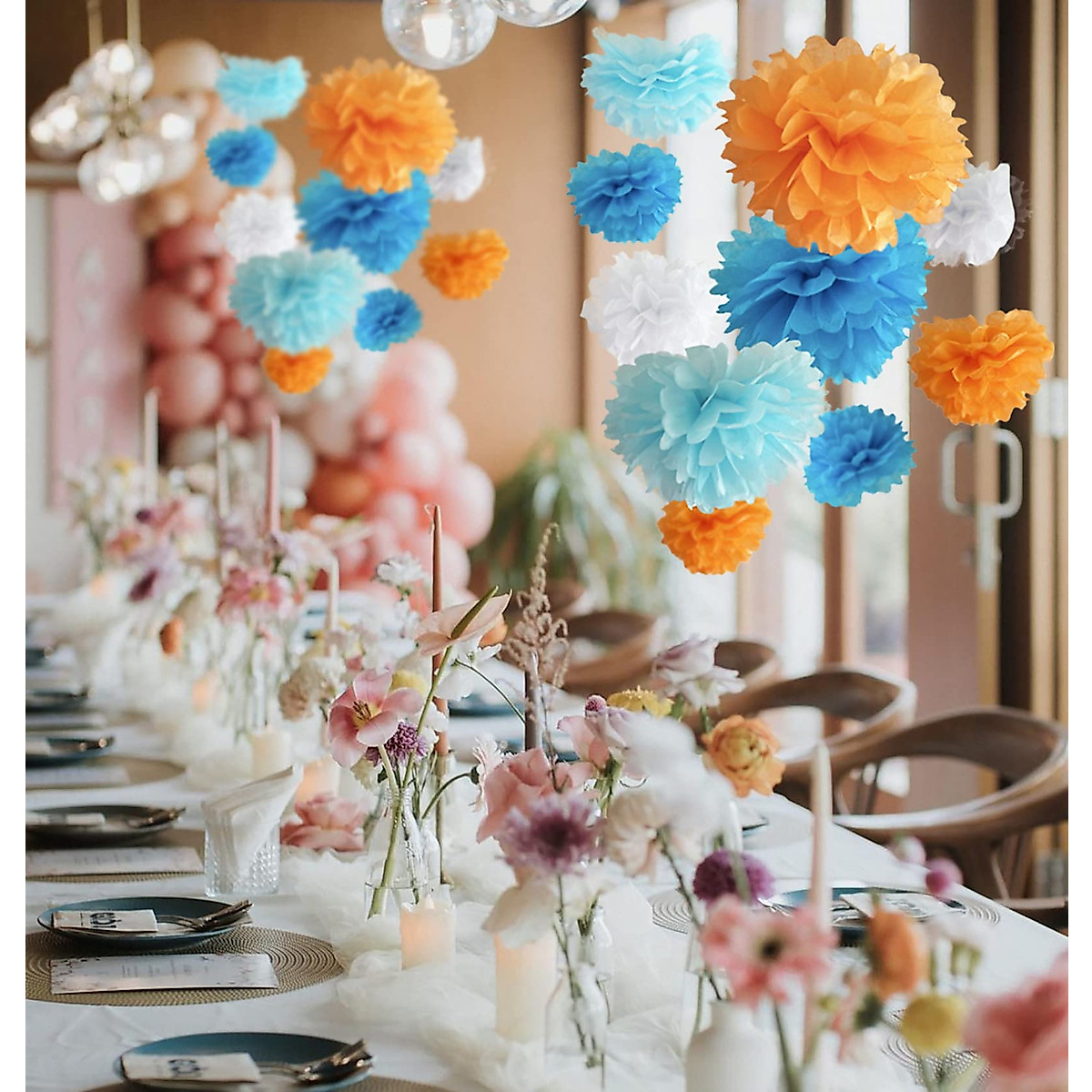 20PCS Acqua Blue,Light Blue,Orange & White Tissue Paper Pom Poms Set-Ideal for Birthday,Bridal Showers,Wedding,Baby Shower Party Decorations (14",10",8",6)