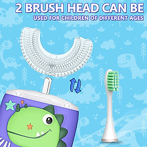 Kids Electric Toothbrushes Dinosaur U Shaped Rechargeable Ultrasonic Automatic Toothbrush for Toddler with Replacement Brush Heads 6 Cleaning Modes IPX7 Waterproof 360° Oral Care 45S Timer (Age 2-7)