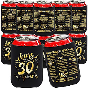 30th Birthday Decorations for Men Women Happy Thirty Birthday Party Decor Supplies 1993 Vintage- 30 Years Old Birthday Party Beverage Can Cooler Sleeves (12 Pack) Black & Gold Turning 30 BC001