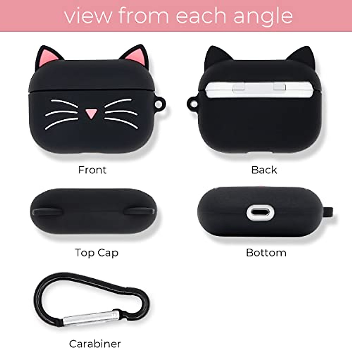 YONOCOSTA Cute Airpods Pro Case, Black Whisker Cat Kitty Funny 3D Cartoon Animals Full Protection Shockproof Soft Silicone Charging Case Cover Skin with Carabiner for Kids Girls Women Children