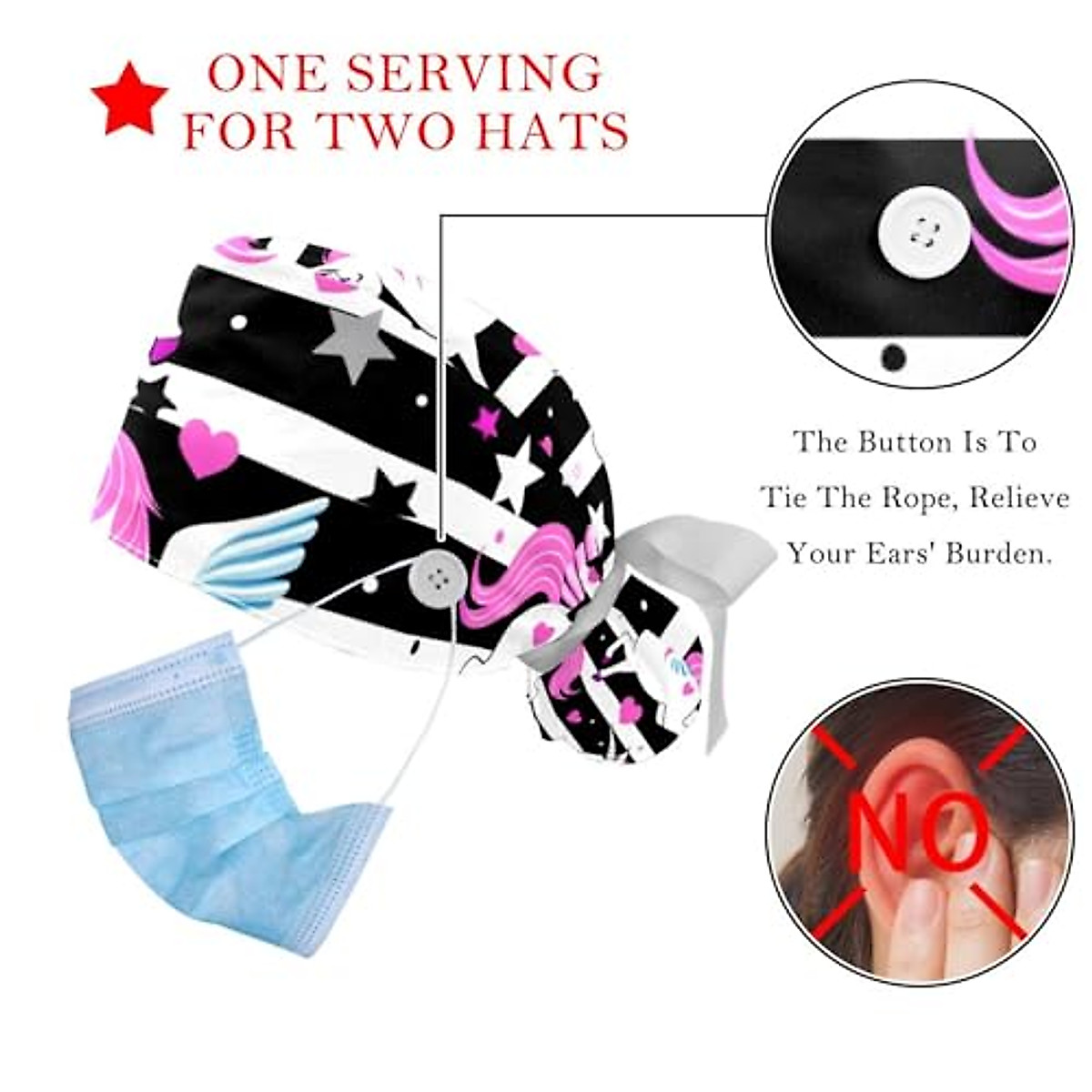 2-Pc Gourd-Shaped Working Cap,Fisherman Hat with Buttons and Cotton Sweatband,Rainbow Unicorns Black Stripes