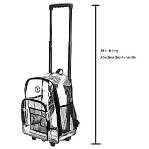 NiceAndGreat Rolling Clear Backpack Heavy Duty Bookbag Quality See Through Workbag Travel Daypack Transparent School Book Bags with Wheels Black