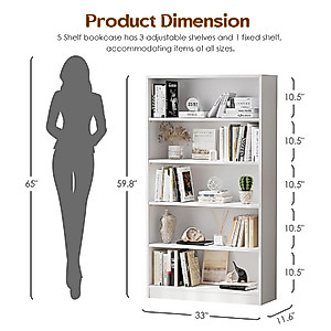 Soohow White Bookshelf, Bookcase with Adjustable Shelves, 5 Shelf Bookcase, Book Case, Wood Bookshelf, Large Tall White Bookshelf for Living Room, Bedroom, 60 in Tall, 33 in Wide, 11.6 in Deep