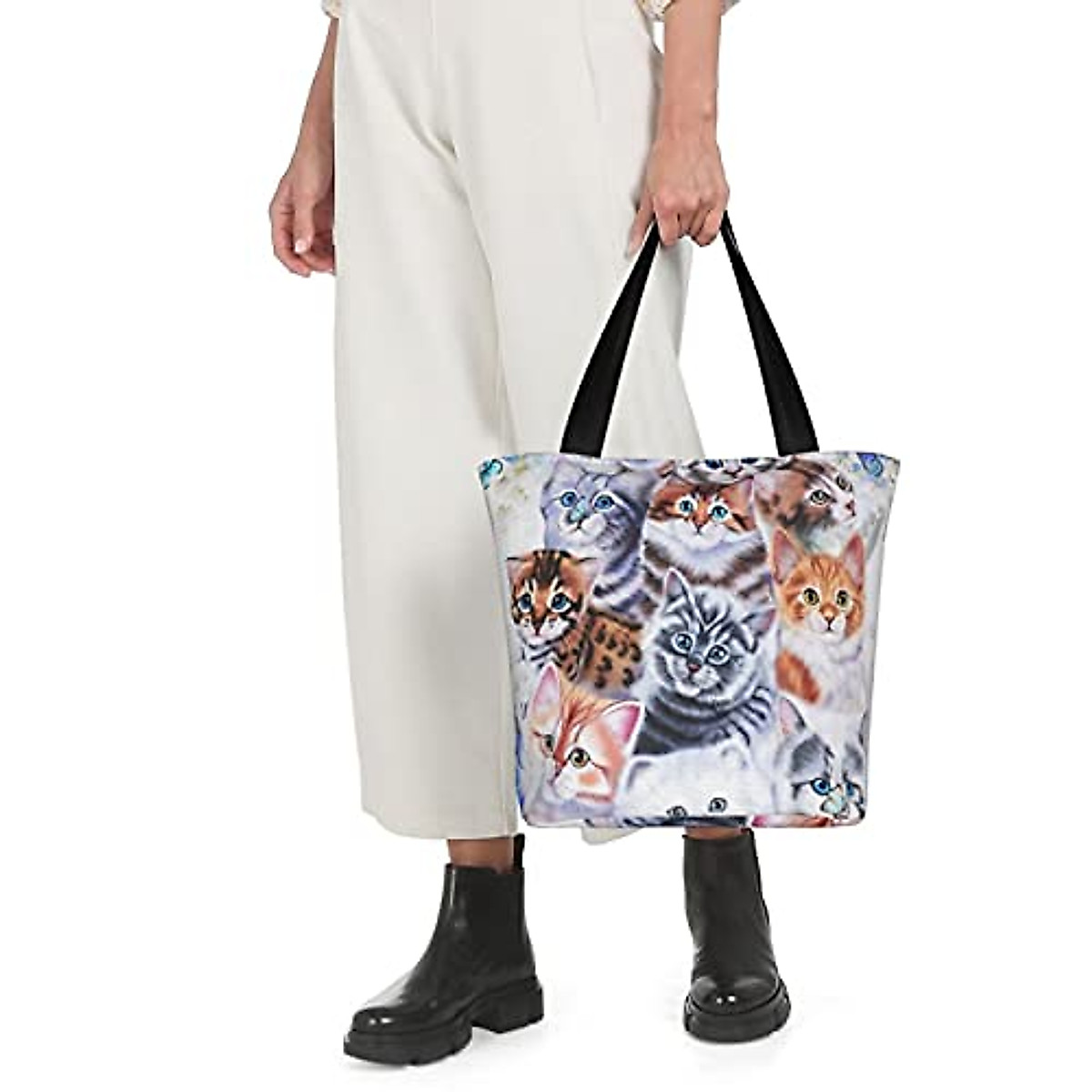 Cat And Butterfly Shoulder Handbag Canvas Tote Bag For Work Travel Business Beach Shopping School