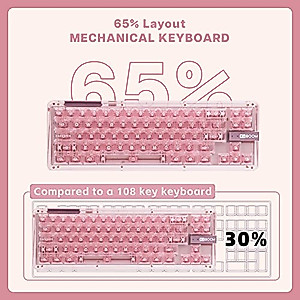 KiiBoom Phantom 68 65% Hot Swappable Crystal Gasket-Mounted Mechanical Keyboard, BT5.0/2.4GHz/USB-C Wired Wireless NKRO Gaming Keyboard with South-Facing RGB, 4000mAh Battery for Win/Mac(Pink)