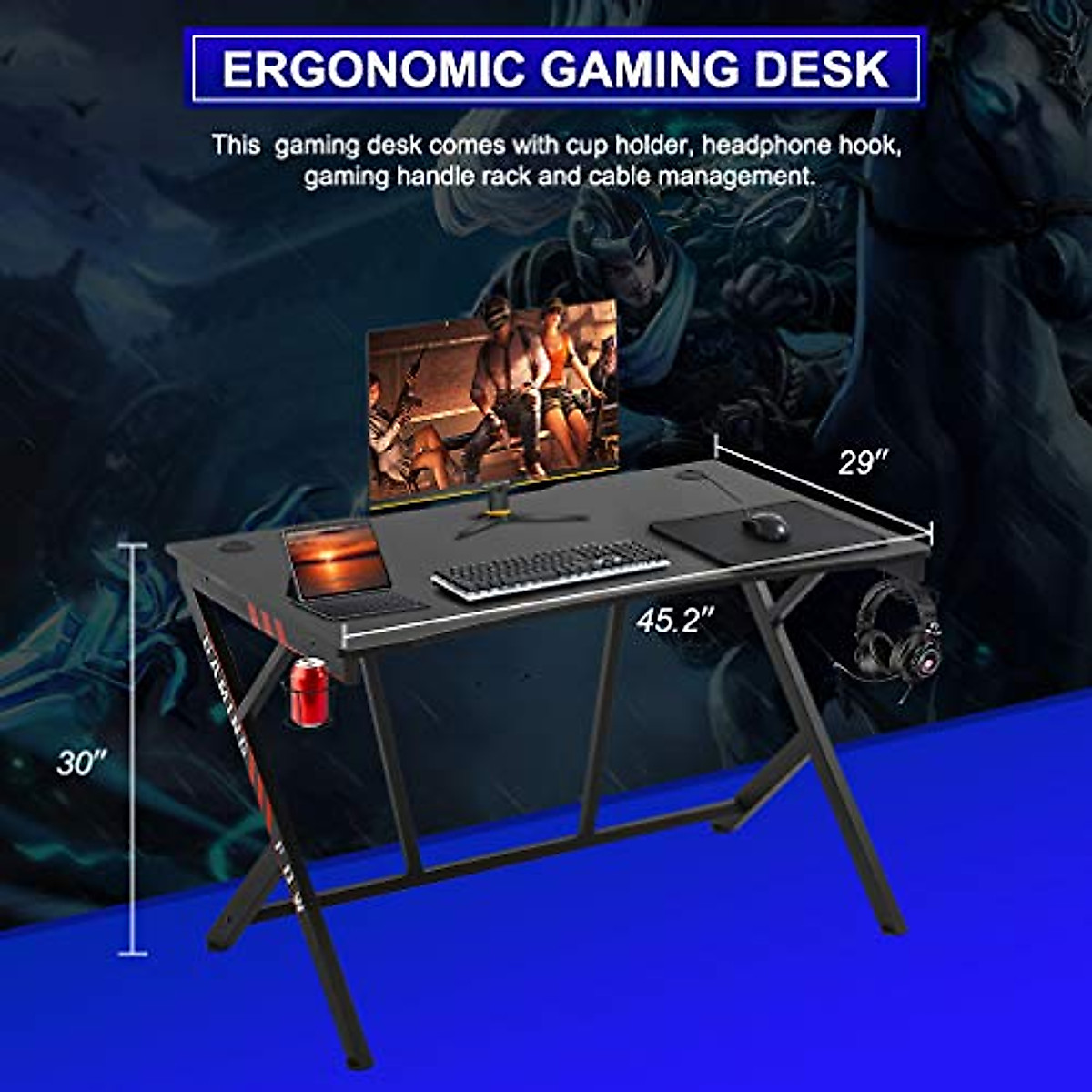 Gaming Desk 45" W x 29" D Home Office Computer Desk Racing Style Study DeskExtra Large Modern Ergonomic PC Carbon Fiber Writing Desk Table with Cup Holder Headphone Hook