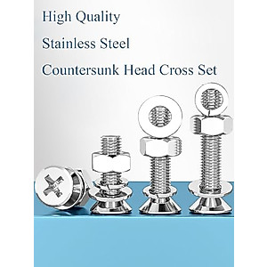 COYOUCO 200PCS M5X6/8/10/12/14Mm Flat Head Machine Screw Cross Recessed Threaded Countersunk Screw Bolt Nuts Flat Lock Washer201stainless Steel,M5*12 200