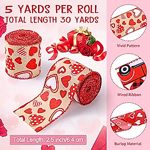 6 Rolls 30 Yards Valentine's Day Ribbons 2.5 Inches Hearts Love Red Wired Edge Ribbon Plaid Truck Burlap Ribbons Gift Wrapping Ribbon Fabric Ribbon for DIY Craft Wedding Party Wreath Bows Decoration