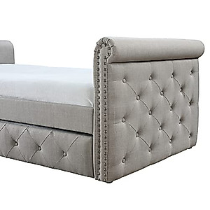 DG Casa Hesdin Daybed with Trundle Platform Bed Frame with Button Tufting Nailhead Trim andFull Wooden Slats, Box Spring Not Required - Traditional Upholstered Twin Size Day Bed in GreyFaux Velvet