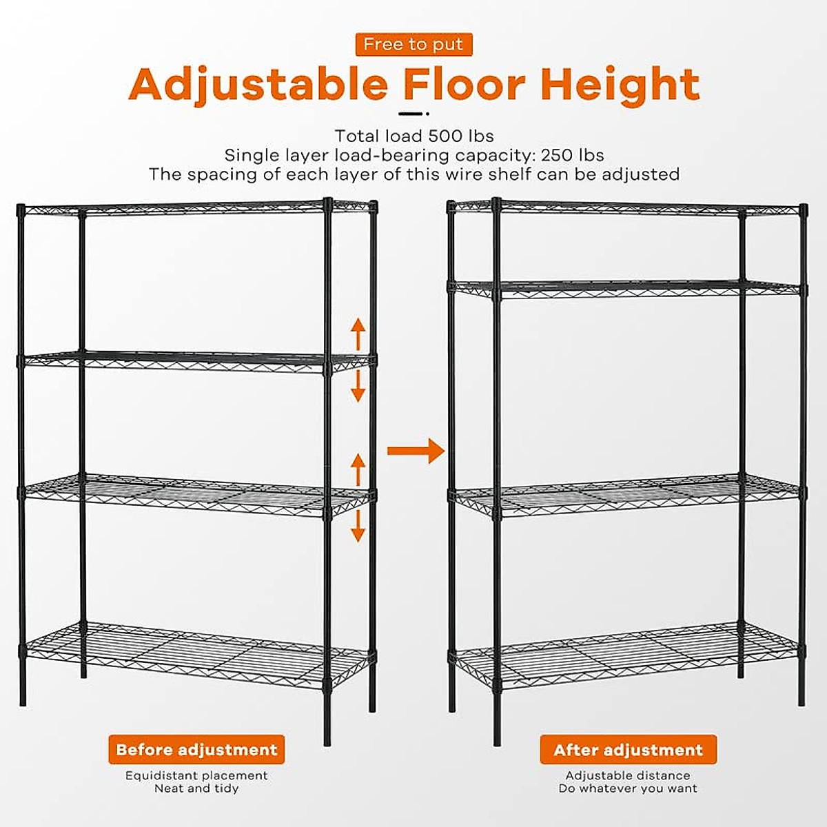 4-Tier Shelf Adjustable, Heavy Duty Storage Shelving Unit (250 Lbs Loading Capacity Per Shelf) Metal Shelves Steel Organizer Wire Rack Shelf for Pantry Garage Kitchen