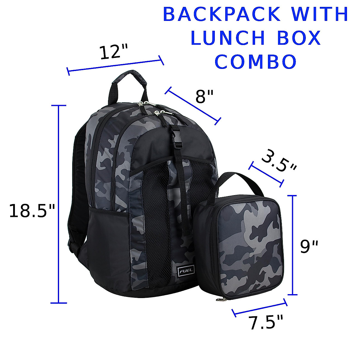 FUEL Lunch Backpack Set Teens Student Water Resistant Bookbag Bag Soft Reusable Insulated Cooler Lunch Box Thermal Travel Office Lunch Bag, Grey Camo