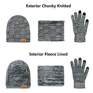 3 Pieces Winter Hat Scarf and Gloves Set for Men and Women, Knit Slouchy Beanie Cap&Neck Warmer&Screen-Touch Texting Gloves Dark Gray