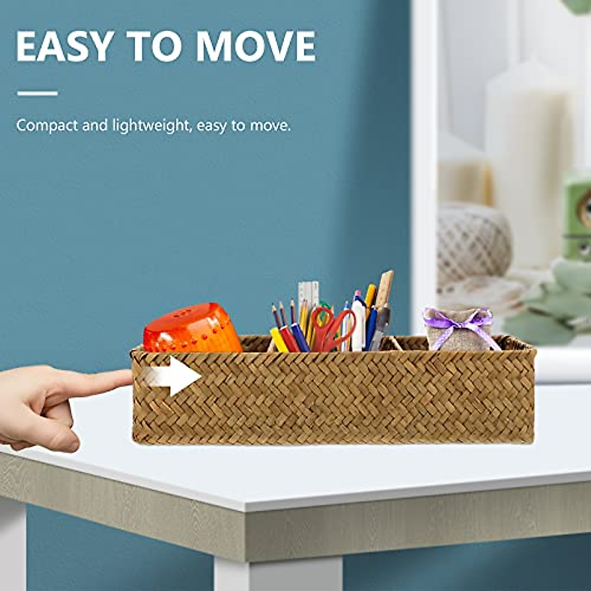 DOITOOL Sea Grass Basket Handwoven Water Hyacinth Storage Baskets 3- Section Wicker Cube Baskets Rectangular Sundries Organizer Caddy for Home Office