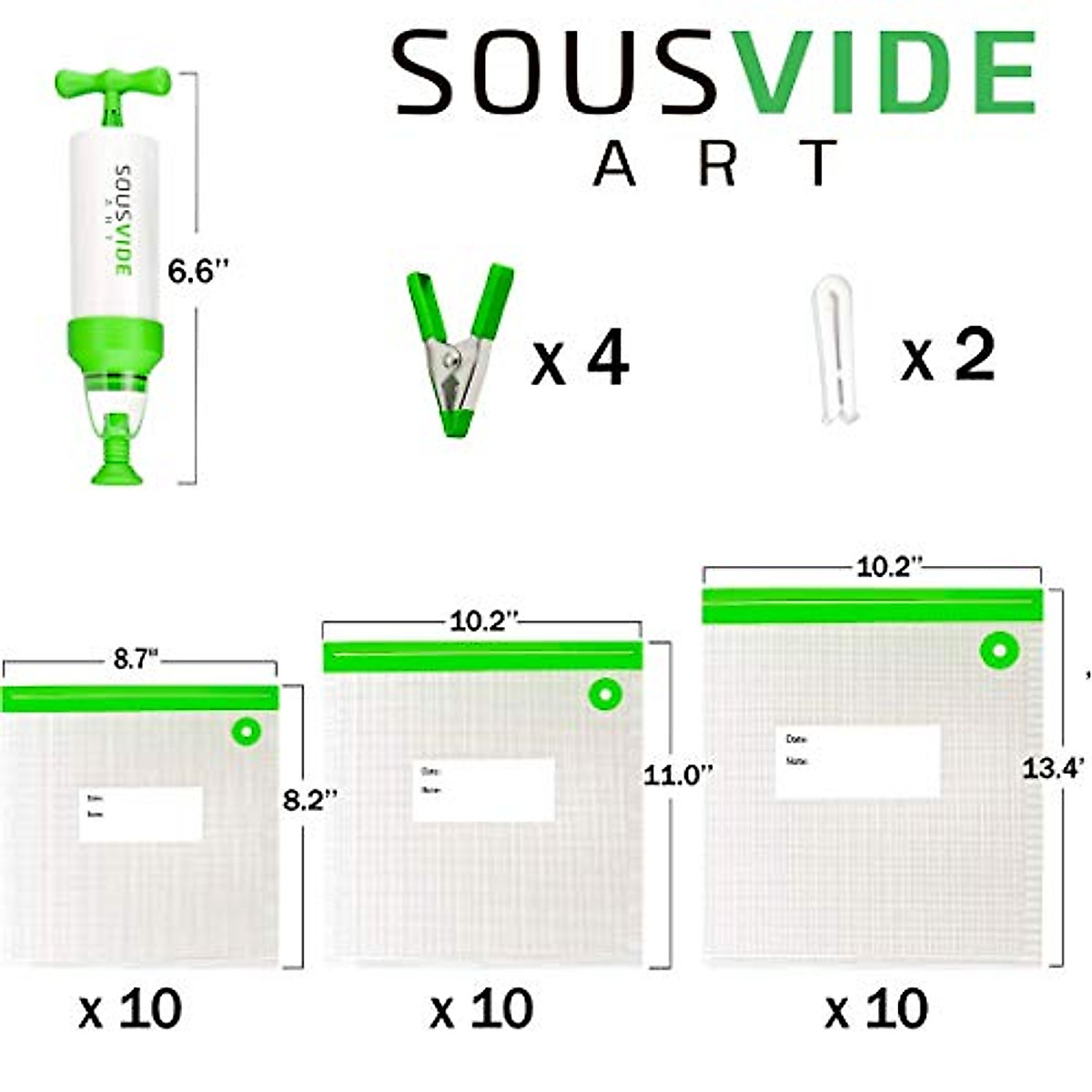 SOUSVIDE ART Reusable Vacuum Seal Bags With Vacuum Sealer, 37pcs - 30 Food Cooking & Storage Bags of 3 Sizes w/Vacuum Pump & Sous Vide Cooker Accessories - BPA-Free & Food Safe Kit, Keeps Food Fresh