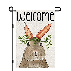 Easter Bunny Garden Flag 12x18 Inch Burlap Double Sided Outside, Welcome Easter Carrot Holiday Sign Yard Outdoor Decoration DF218