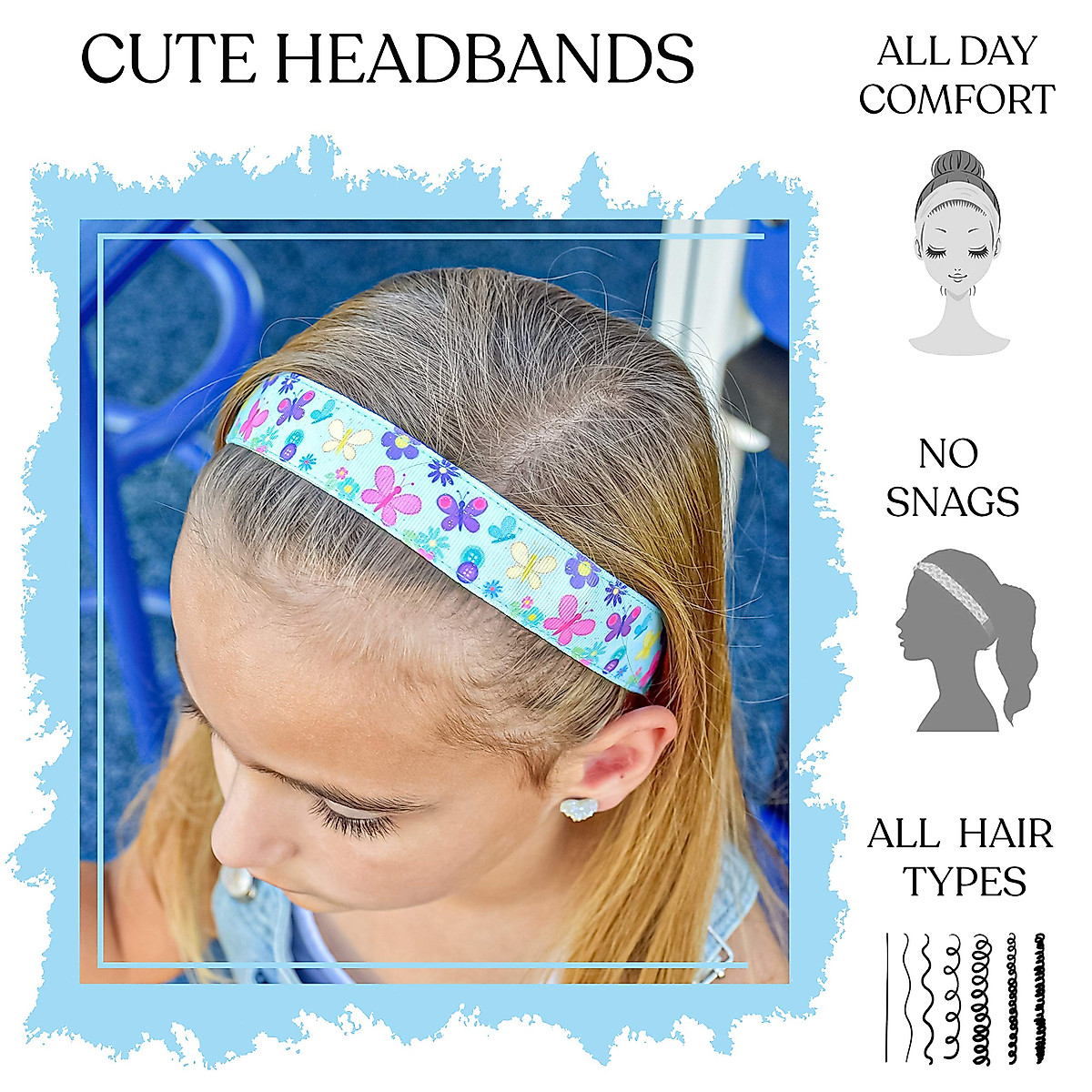 FROG SAC 5 Cute Headbands for Girls, Adjustable Non Slip Little Girl Hair Accessories, Stretch Elastic Kids Hair Bands, Headband Birthday Party Favors Pack, Butterfly Princess Heart Floral Hairbands