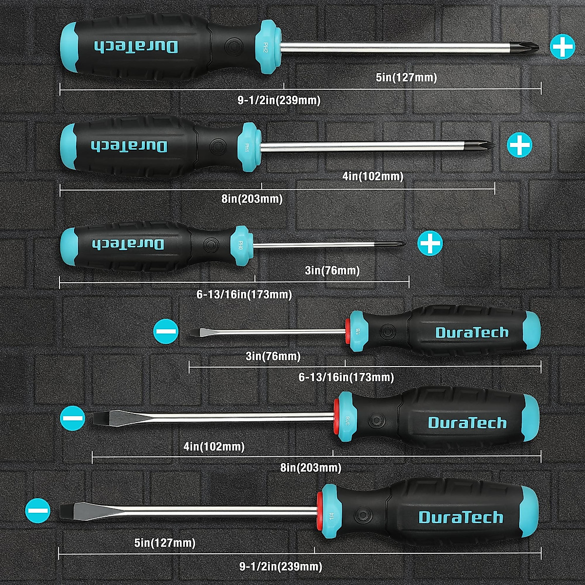 DURATECH 6-Piece Magnetic Screwdrivers Set, 3 Phillips and 3 Flat Head S2 Steel Screwdriver Set with 180° Rotating Storage Rack, Professional Cushion Grip Screw Drivers Tool Set