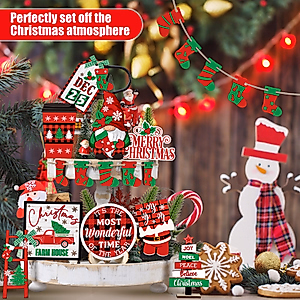 Tradder 14 Pcs Christmas Tiered Tray Decor Christmas Stockings Red Truck Xmas Tree Santa Gnome Merry Christmas Wooden Signs Christmas Table Decorations Rustic Farmhouse Decor for Home Table Shelf