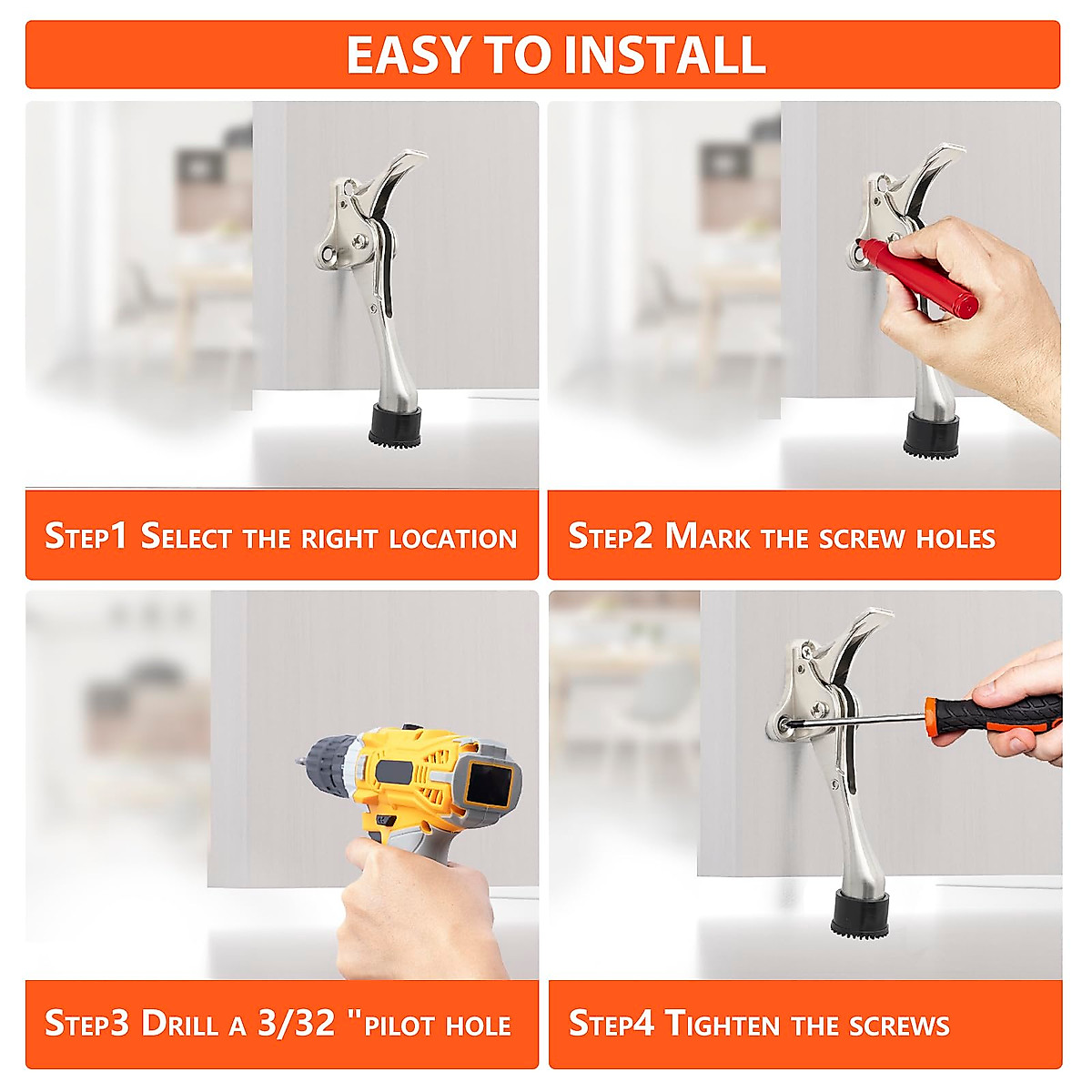 KOVOSCH 4 Inches Kickdown Door Stoppers Brushed Satin Nickel, Heavy Duty Door Stoppers for Bottom of Door, Door Stop with One Touch and Soft Rubber Tips, Zinc, 1 Pack