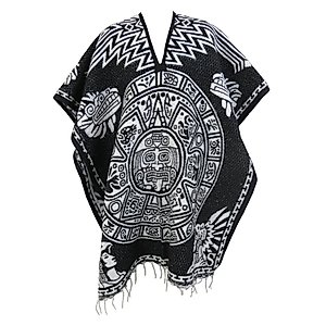 Ethnic Identity Mexican Poncho Aztec Calendar for Men and Women | Reversible Cobija Blanket for Fiesta, Outdoor Activities, Hiking,Hunting, and Camping (Black)