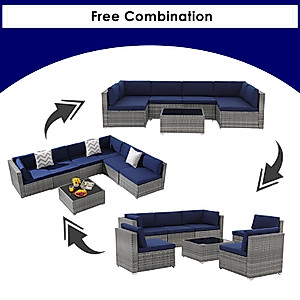 Yangming 7 Piece Outdoor Patio Furniture Sets, Outdoor Sectional Furniture with Tempered Glass Table and Cushion, Rattan Chairs Wicker Couch Conversation Set for Deck, Backyard, Porch, Lawn, Garden