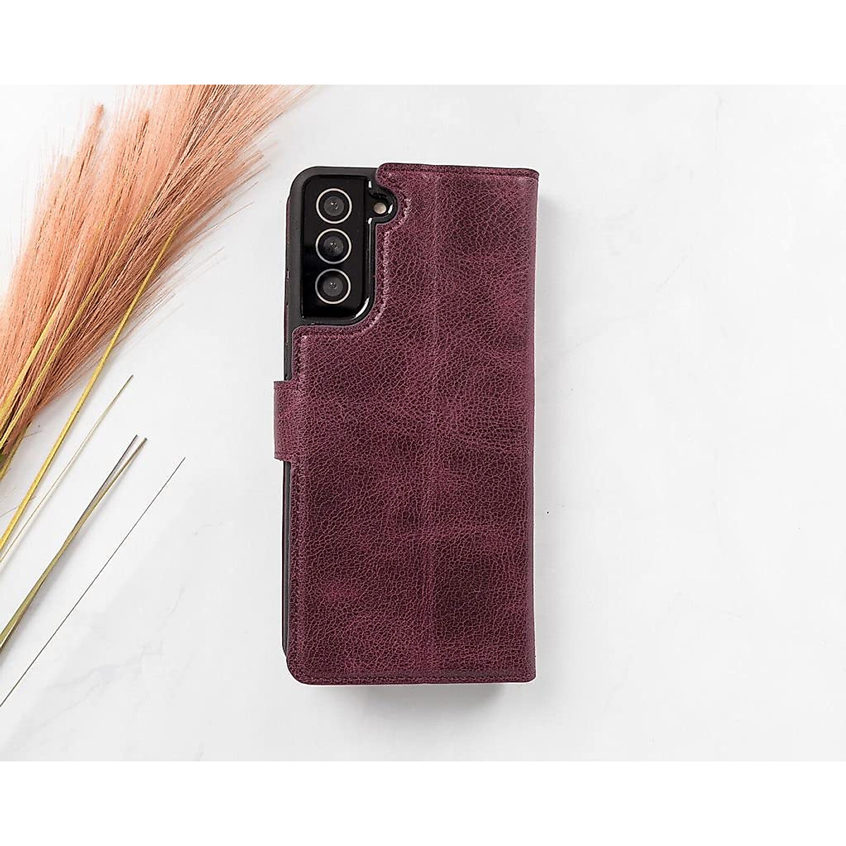 HARDISTON Wallet Case Compatible with Samsung Galaxy S21 Ultra, Handmade Genuine Leather, Detachable Magnetic Flip Cover with Card Holders, Horizontal Kickstand (Purple)